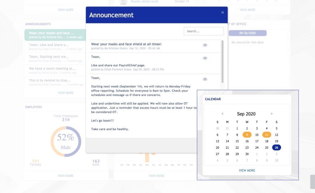 Announcement & Calendar | Payroll Chief
